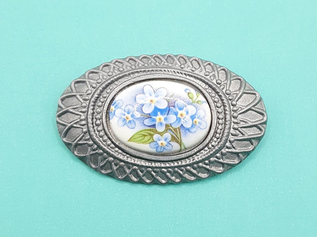 Vintage Pewter and Painted Porcelain Oval Brooch Pin, Blue Forget-me ...