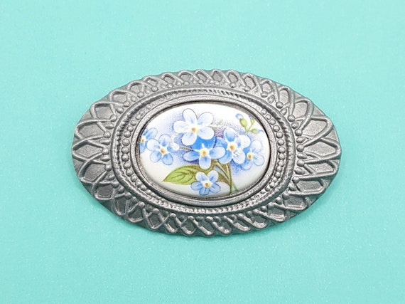 Vintage Pewter and Painted Porcelain Oval Brooch Pin,… - Gem