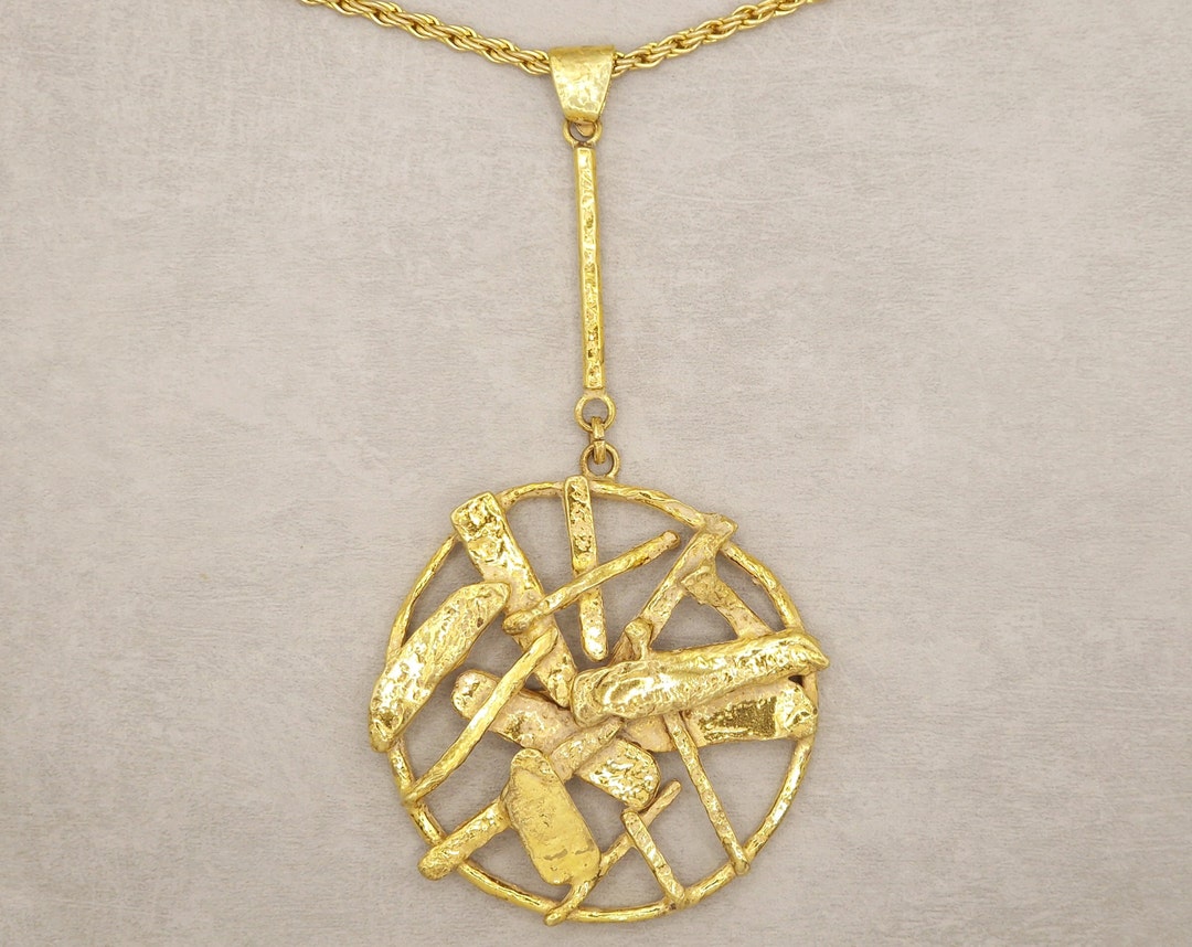 Vintage Scandinavian Brutalist Pendant Necklace, Gold Plated Abstract ...