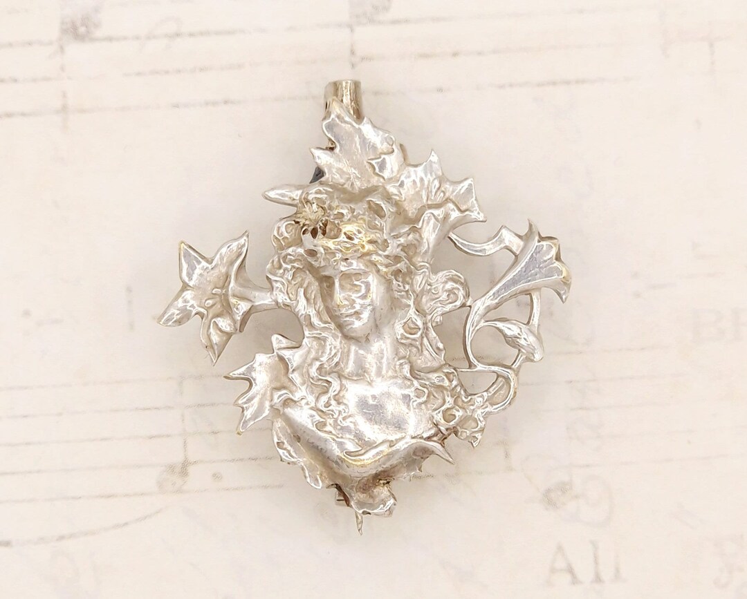 Vintage Art Nouveau Style Lady Brooch Pin, 1970's Silver Plated Female ...