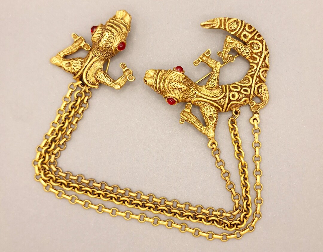 Vintage Brutalist Gekko Lizard Chatelaine Brooch, Large Modernist Gold ...