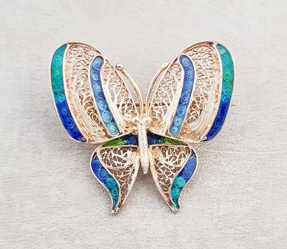 Vintage Silver Enamelled Filigree Butterfly Brooch Pi… - Gem