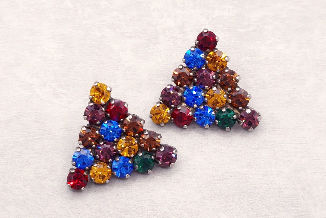 Vintage Multicolour Rhinestone Triangle Clip on Earrings, Colourful ...