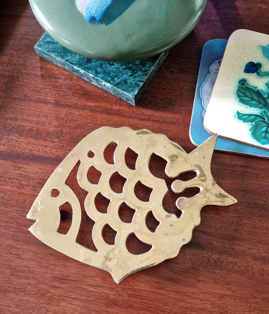Vintage Solid Brass Fish Trivet, Gold Tone Metal Open Work Figural ...