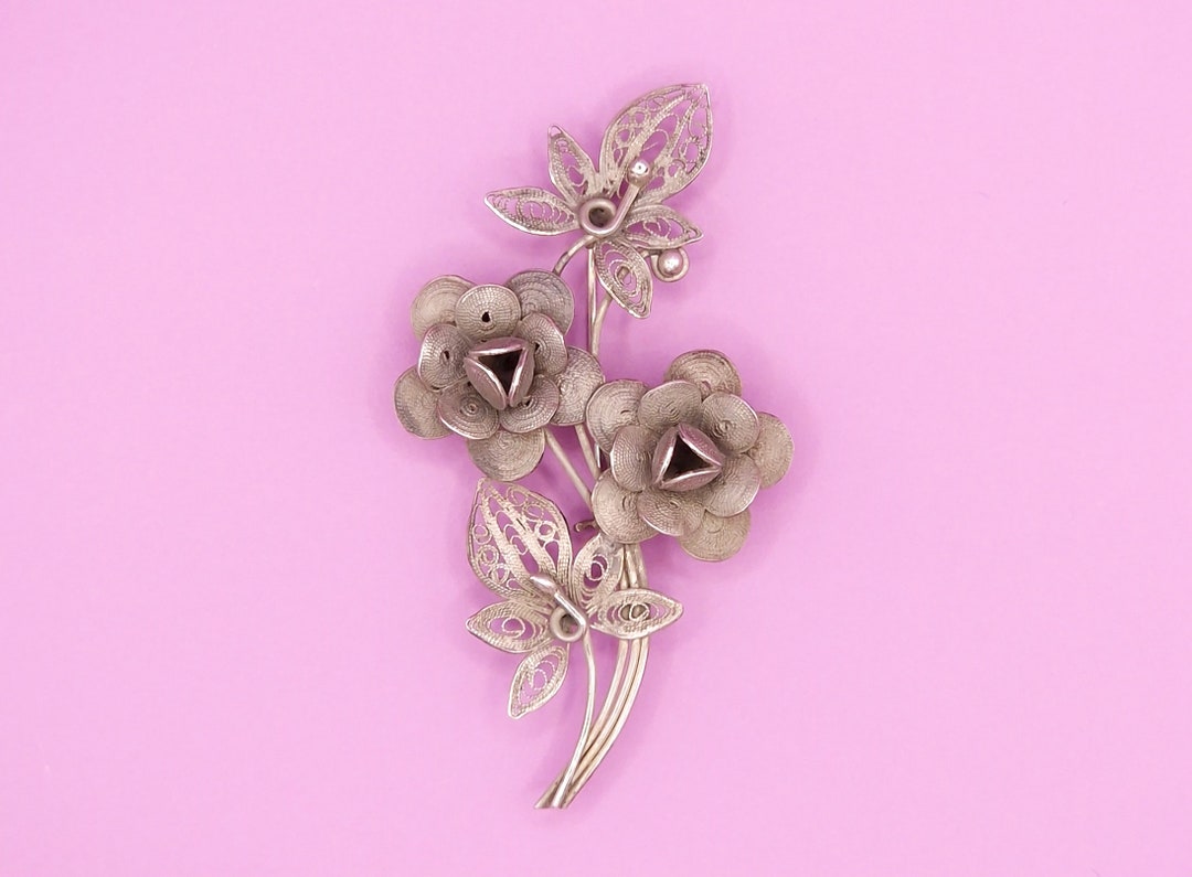 Vintage Sterling Silver Filigree Rose Brooch Pin, 925 Silver Fine ...