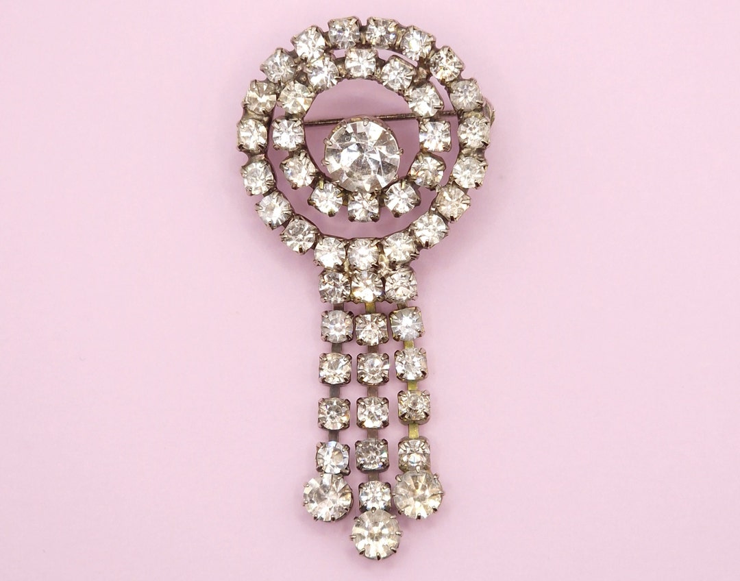 Vintage White Rhinestone Dangle Brooch, Art Deco Style Sparkly ...