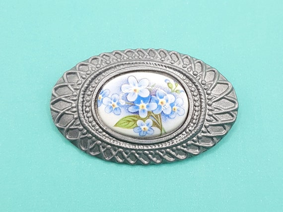 Vintage Pewter and Painted Porcelain Oval Brooch Pin,… - Gem