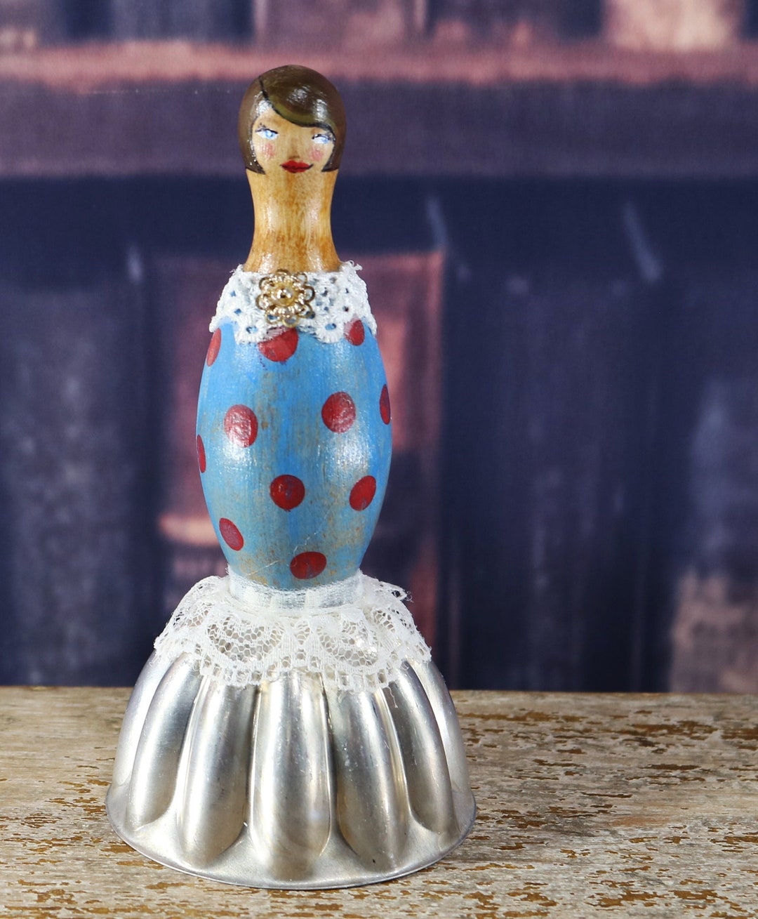 Vtg Child's Wood Bowling Ball Pin Girl Doll on Vintage Jello Mold Tin ...