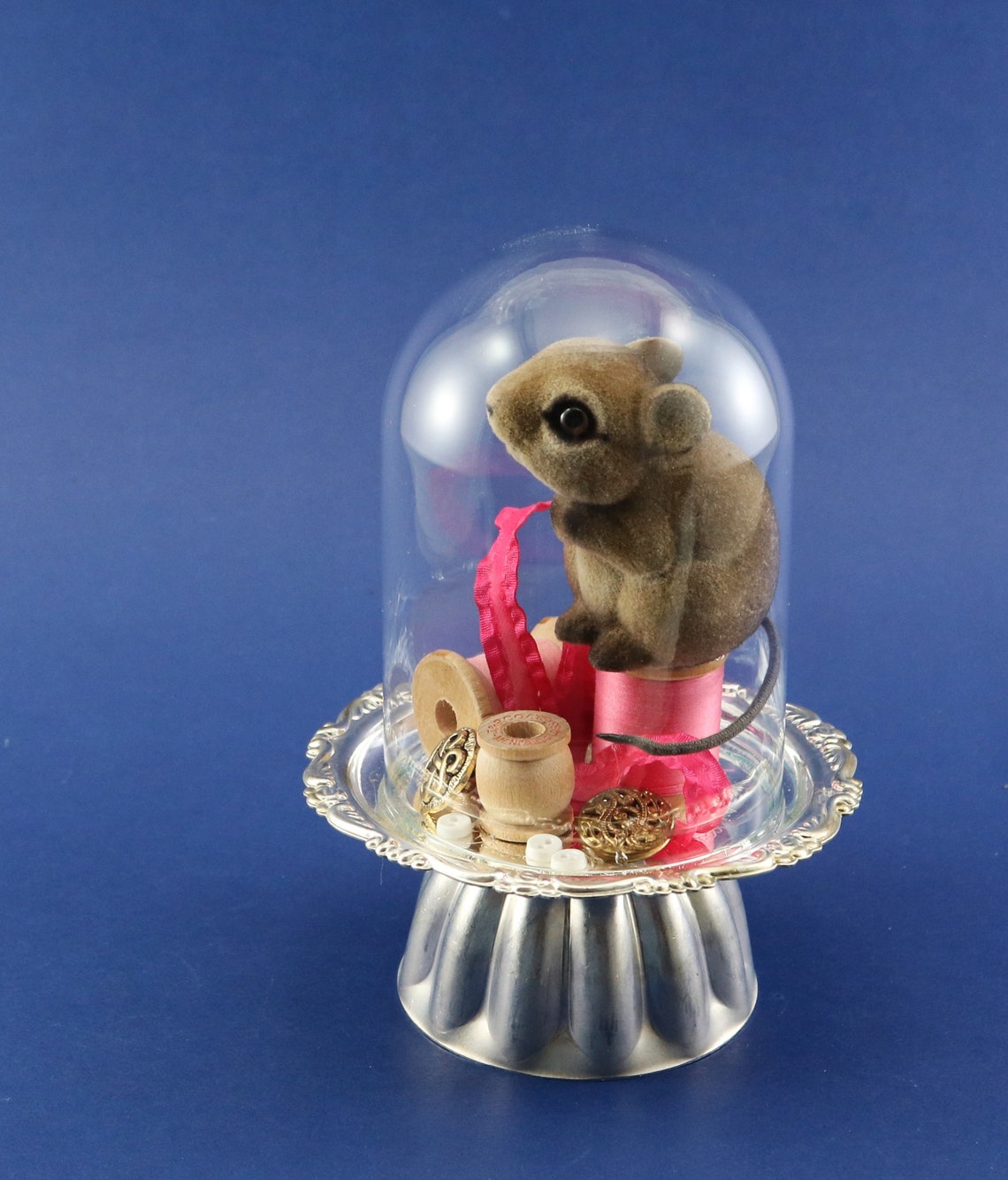 Vintage Flocked Mouse Under Glass Dome Cloche Mixed Media Folk - Etsy