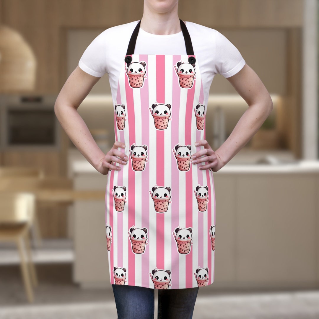 Kawaii Panda Bubble Tea Pattern on Pink Stripes Baking Apron - Etsy
