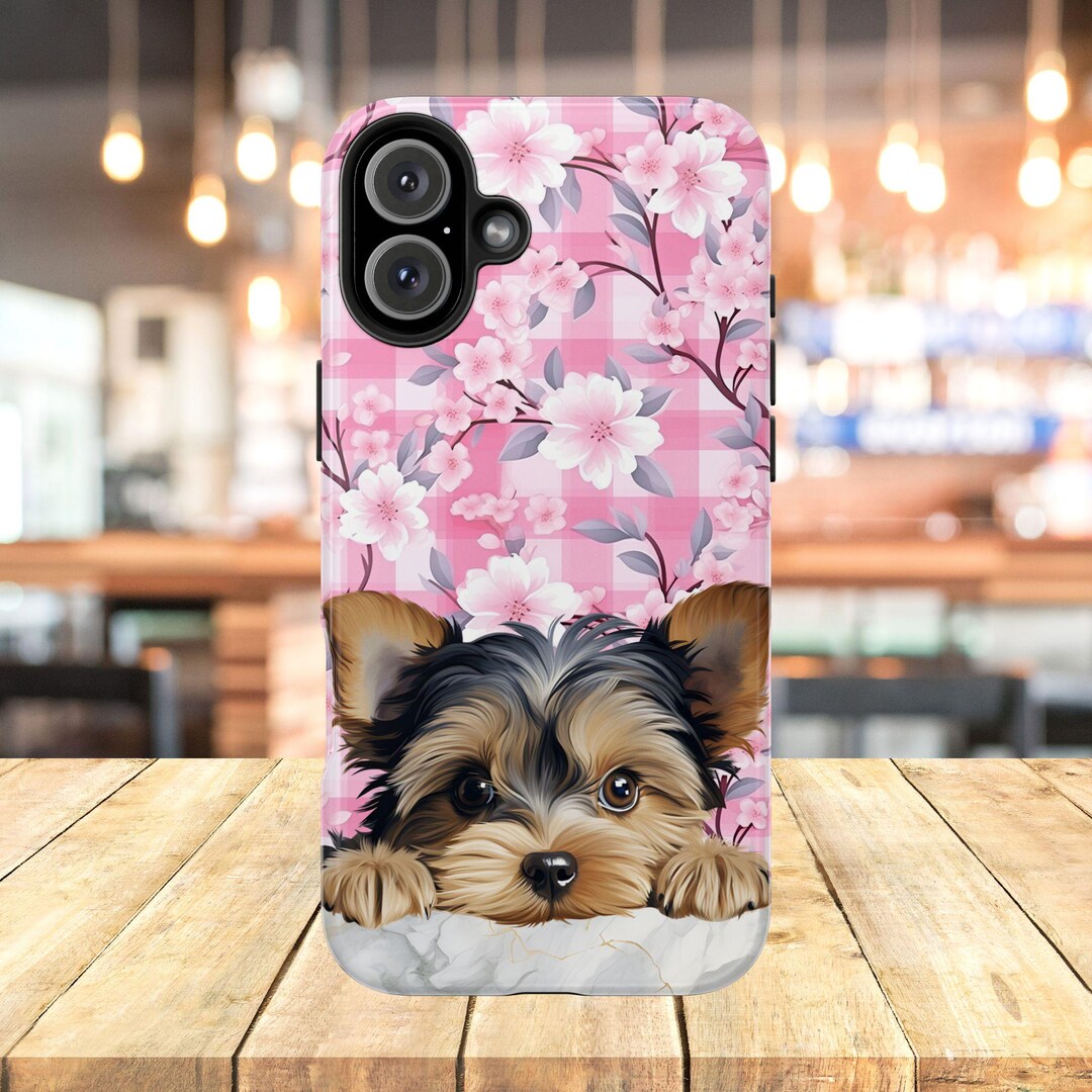 Yorkshire Terrier Phone Case: Pink Gingham Blossoms, Dual Layer - Etsy