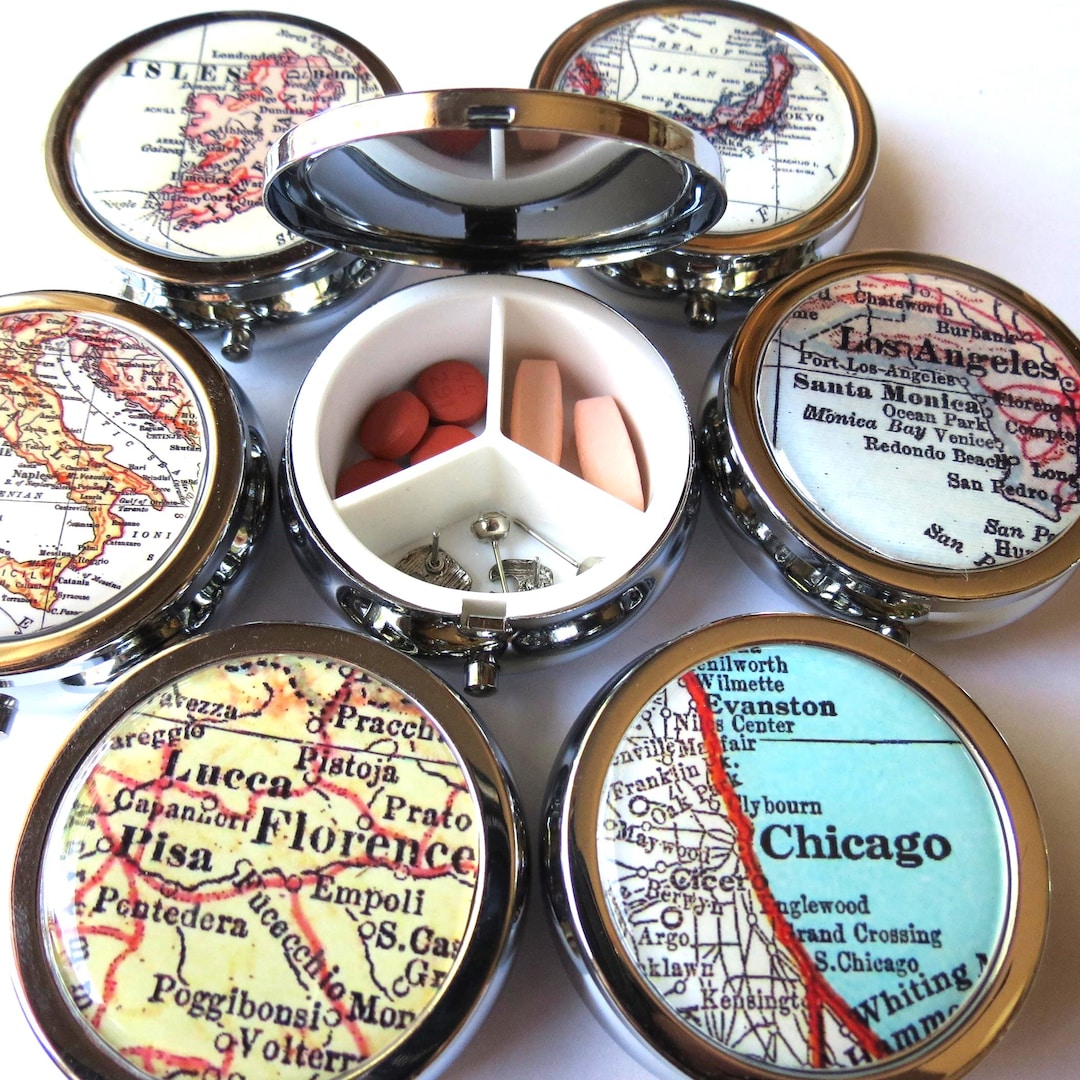 Personalized Map Pill Box: Bronze Travel Pill Case, Custom Location - Etsy