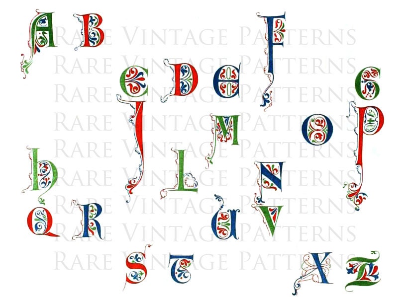 Antique Fancy FRENCH MANUSCRIPT Colored ALPHABET Stencil Initials 4 X ...