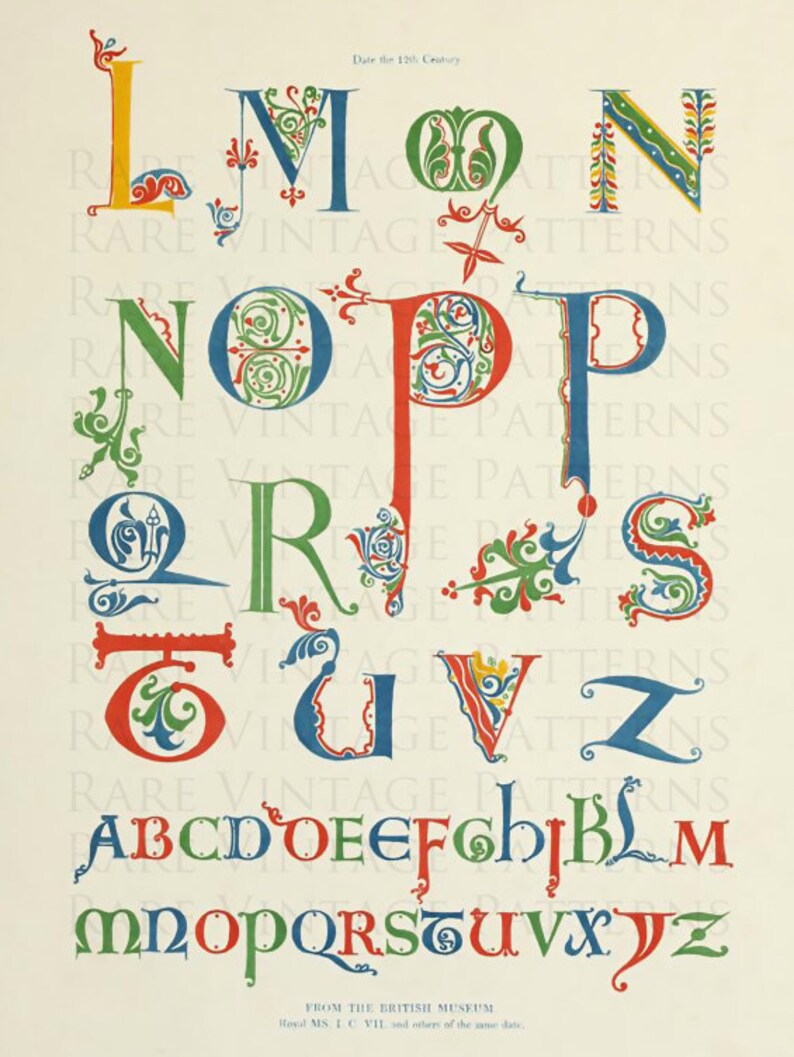 12TH Century Color ALPHABET Vintage Scrapbooking Crafting Hand ...