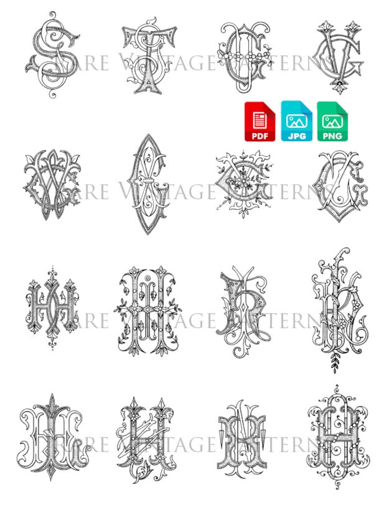 16 FRENCH MONOGRAMS STENCIL 5x Files Pdf Jpg Png Transparent + Reverse ...