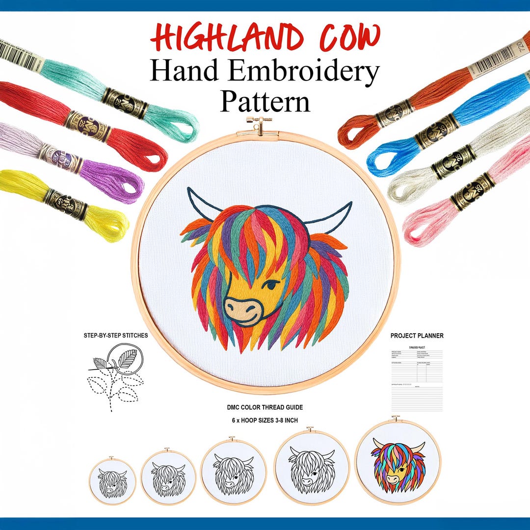 Highland Cow Hand Embroidery Pattern PDF ~ DMC Colors Thread Guide ...