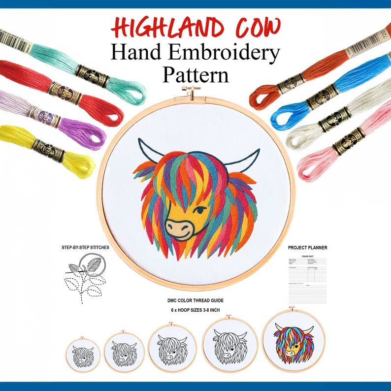 Highland Cow Hand Embroidery Pattern PDF ~ DMC Colors Thread Guide ...
