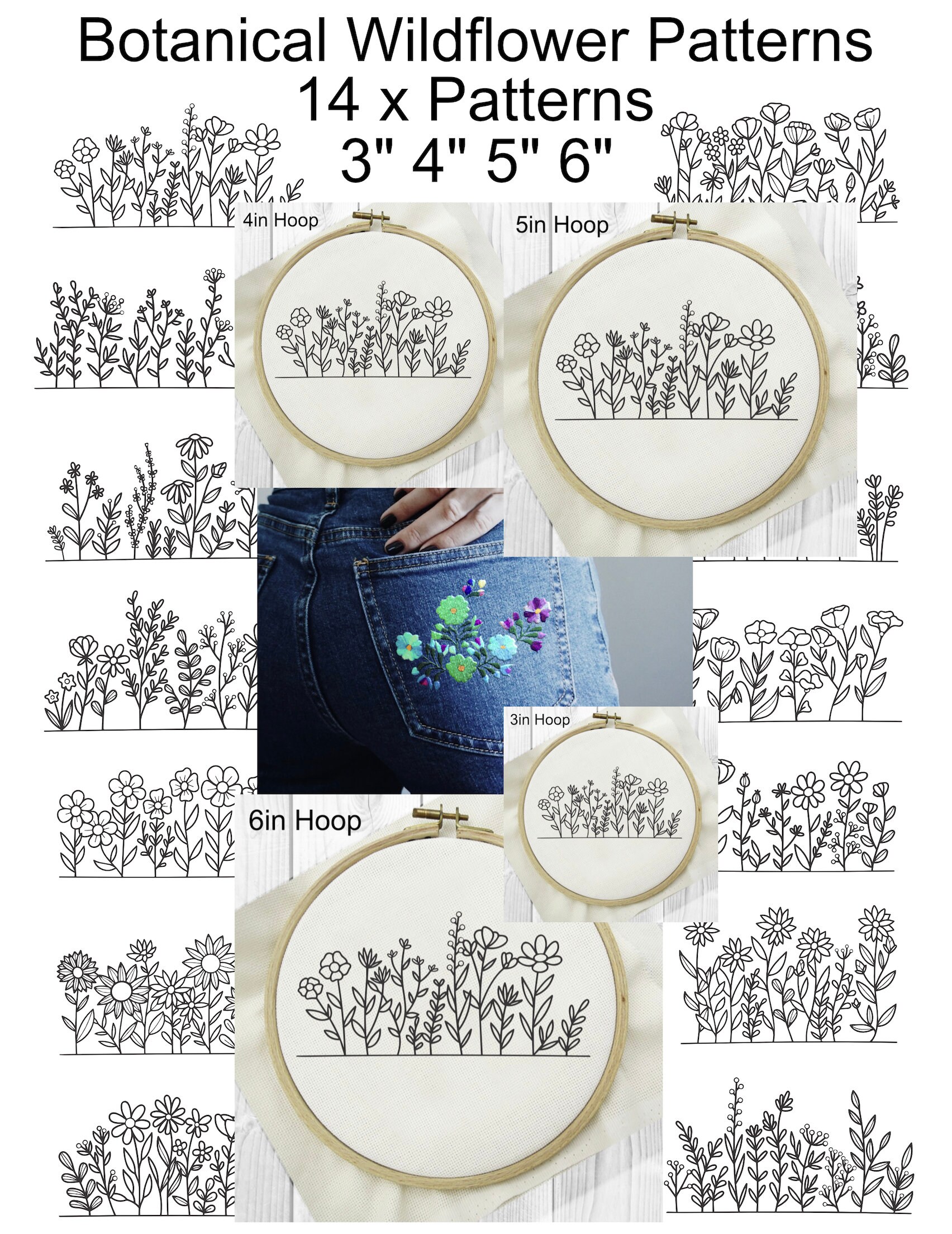 Botanical Wildflowers Hand Embroidery Designs, 14 Different Printable ...
