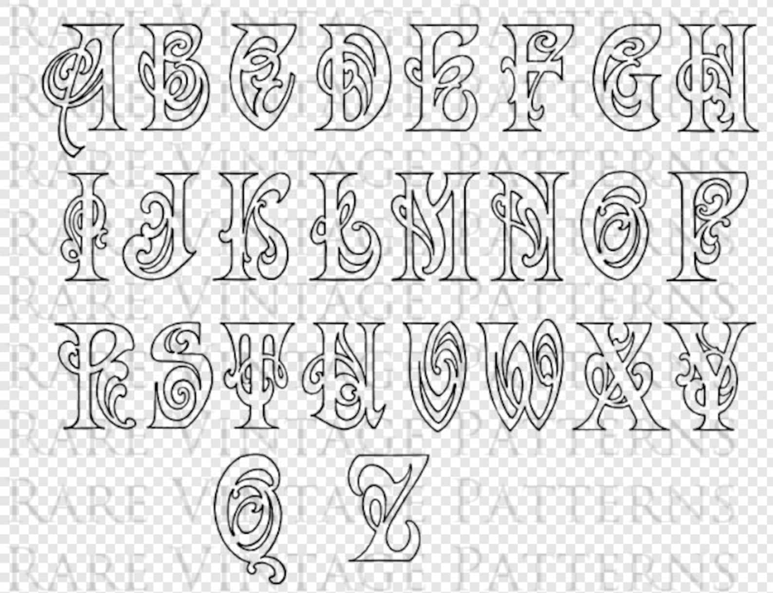 Fancy Art Nouveau FRENCH ALPHABET STENCIL A-Z Initials on A4 Page 5 X ...