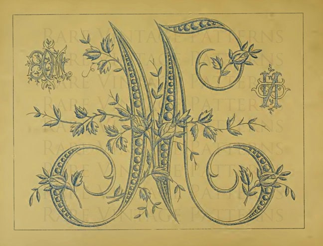 Antique Original FRENCH FLORAL ALPHABET Large Letter -M- Monogram ...