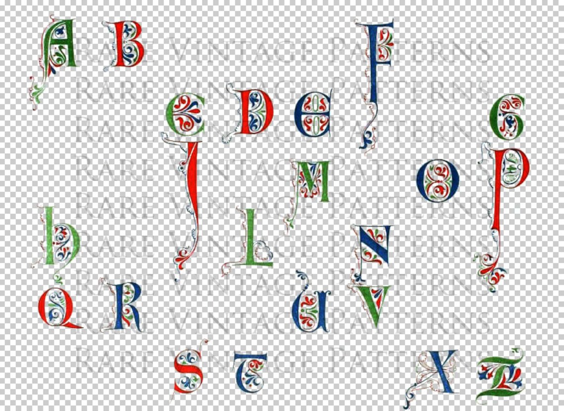Antique Fancy FRENCH MANUSCRIPT Colored ALPHABET Stencil Initials 4 X ...