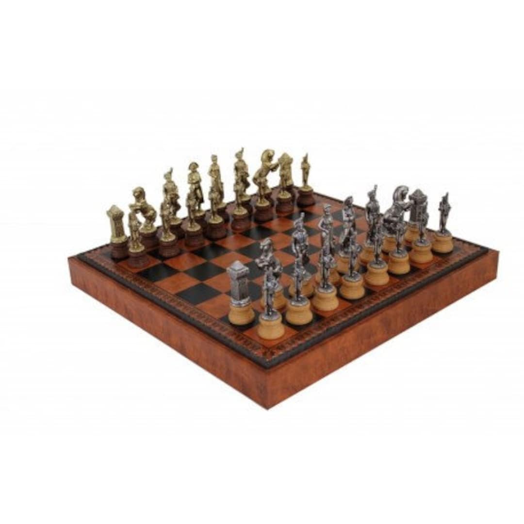 ARABIC STYLE: Metal & Wood Chess Pieces With Brown Leatherette ...