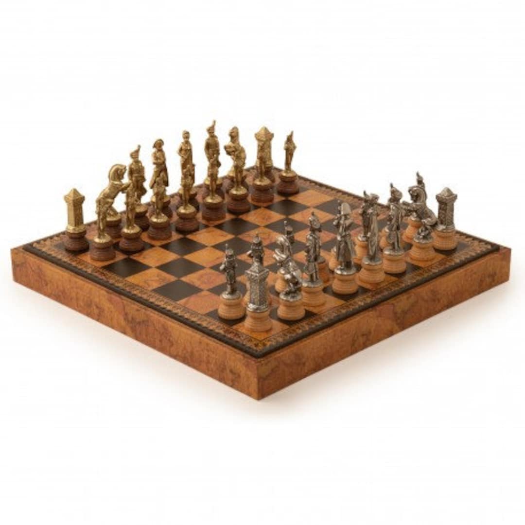 NAPOLEON SET: Metal & Wood Chess Pieces With Leatherette Chessboard/box ...