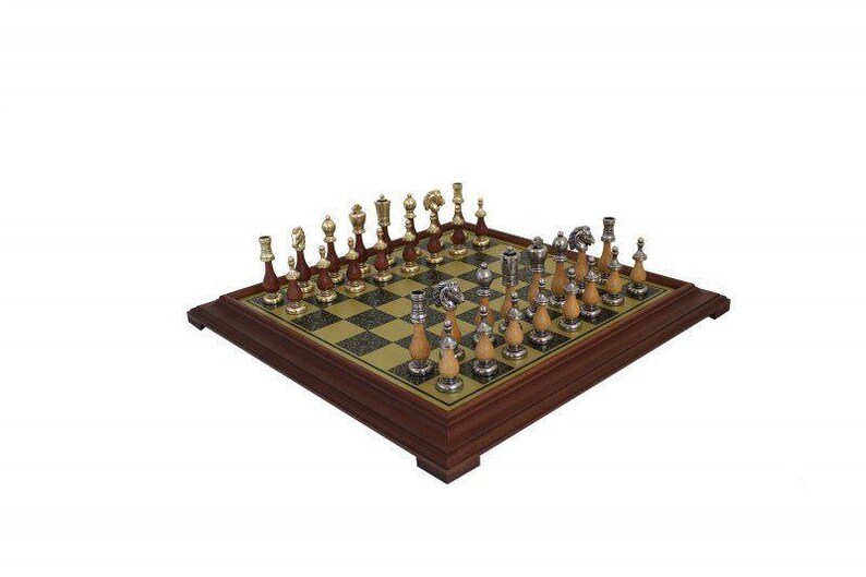 ARABIC STYLE SET: Metal & Wood Chess Pieces + Brass Effect Wooden ...