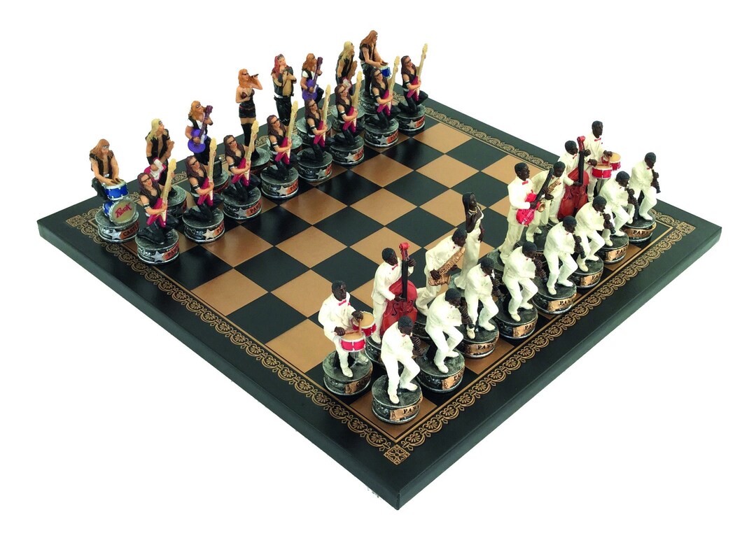 JAZZ VS ROCK: Handpainted Chess Set With Quality Leatherette Chessboard ...
