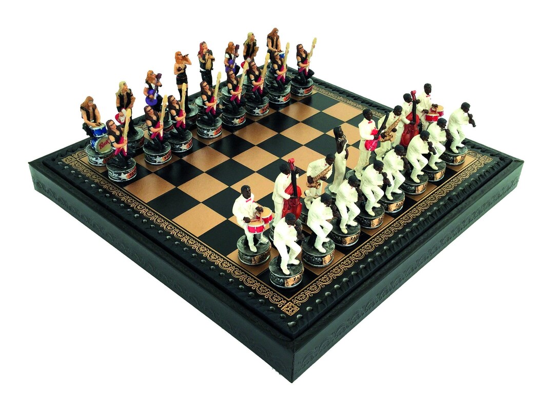 JAZZ VS ROCK: Handpainted Chess Set With Leatherette Chessboard & Box ...