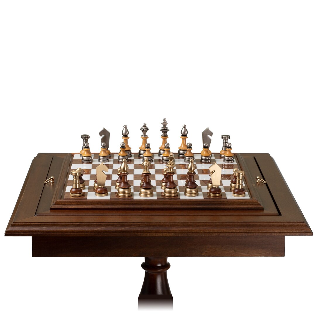 Beech Wood Chess Table With Alabaster Top and Stylized Chess Set - Etsy