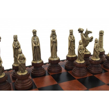MEDIEVAL STYLE Metal & Wood Chess Set With Leatherette Chessboard Box ...