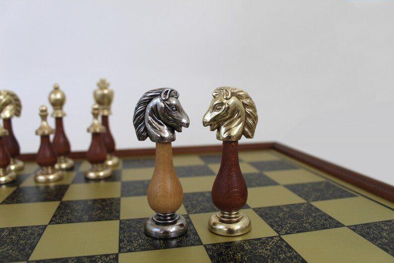 ARABIC STYLE SET: Metal & Wood Chess Pieces + Brass Effect Wooden ...