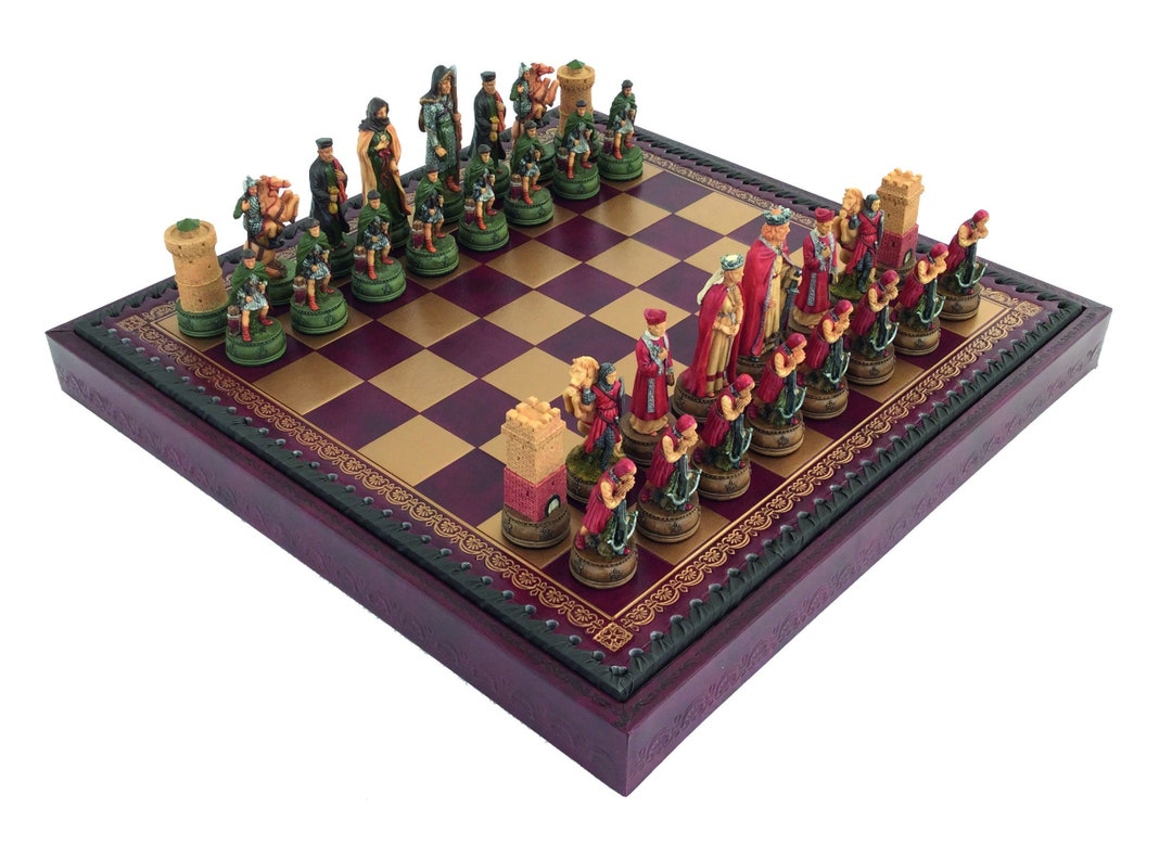 CAMELOT: Handpainted Chess With Leatherette Chessboard & Box + CHECKER ...