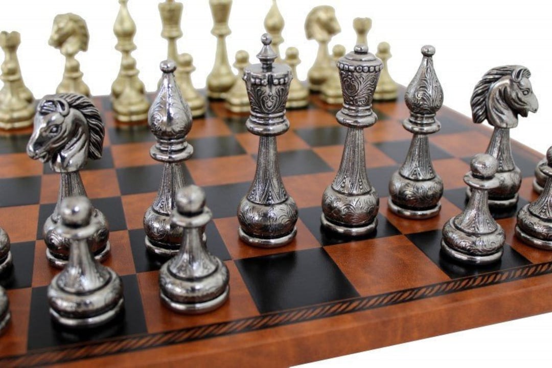 Beautiful Metal Chess Set With Brown/black Leatherette Chessboard - Etsy