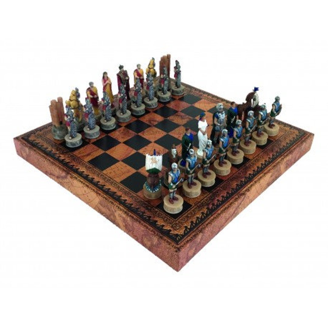 TROY BATTLE: Handpainted Chess Set With Leatherette Chessboard Checker ...