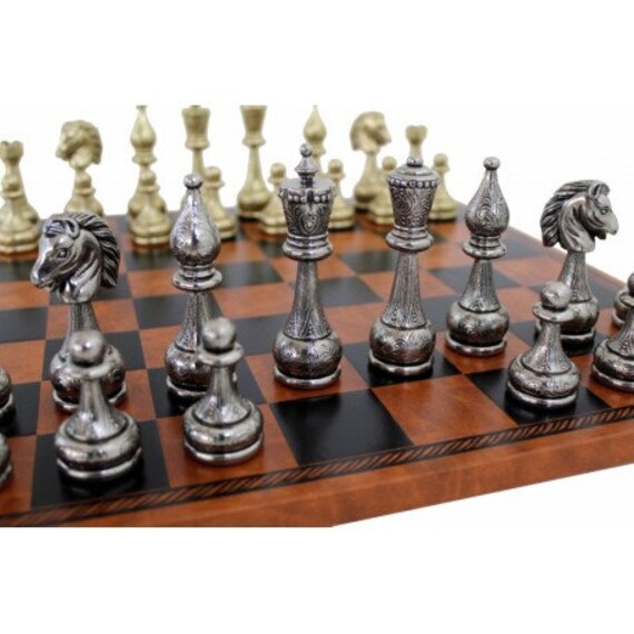 Beautiful Metal Chess Set With Brown/black Leatherette - Etsy