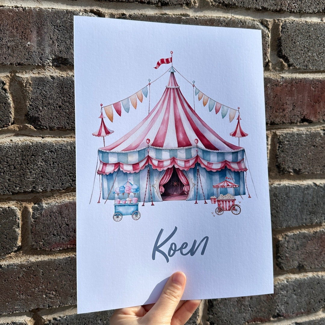 Personalised Name Circus Tent Candy Floss Popcorn Watercolour Children ...