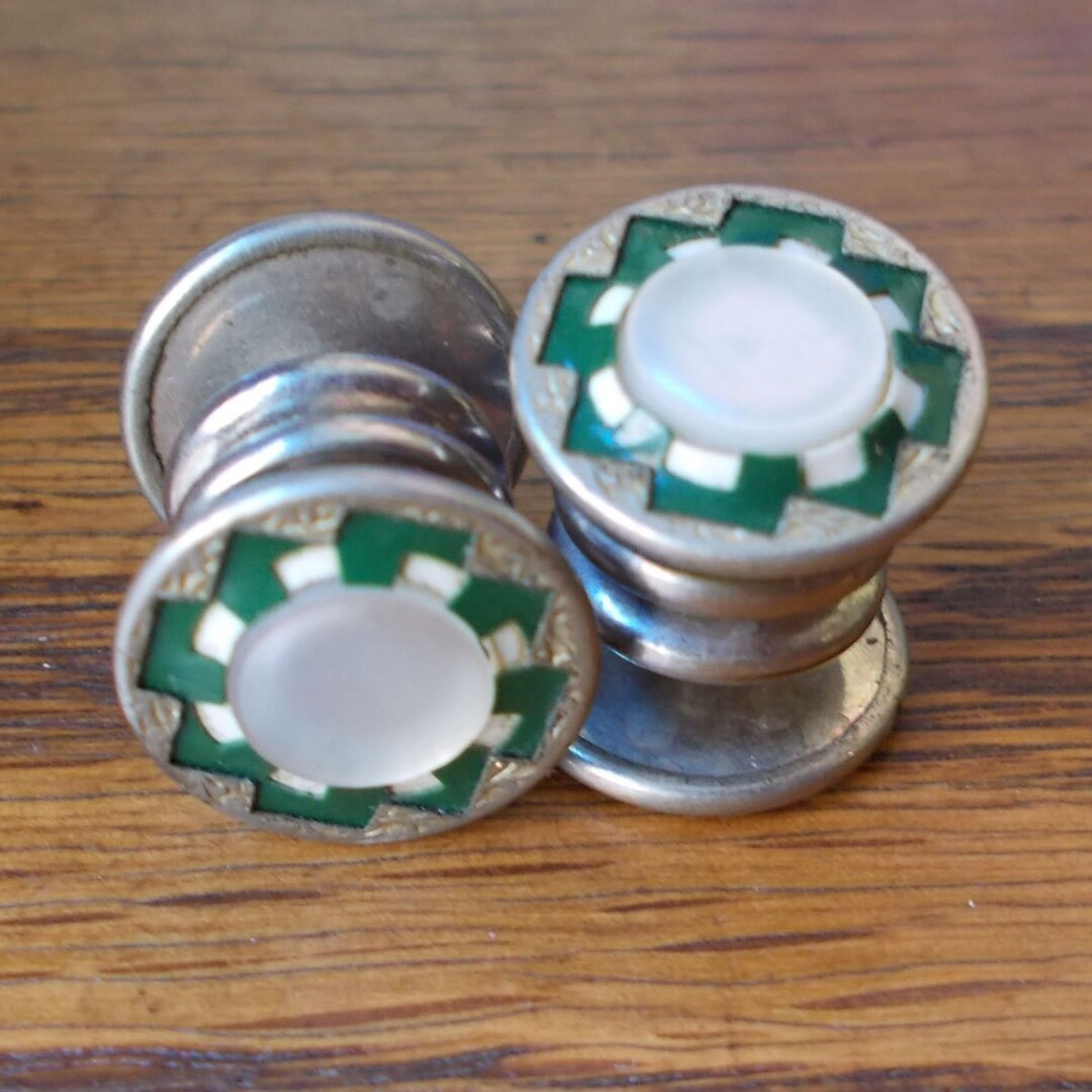 Vintage 1920s Button Cuff Links With Green and White Enamel and MOP ...