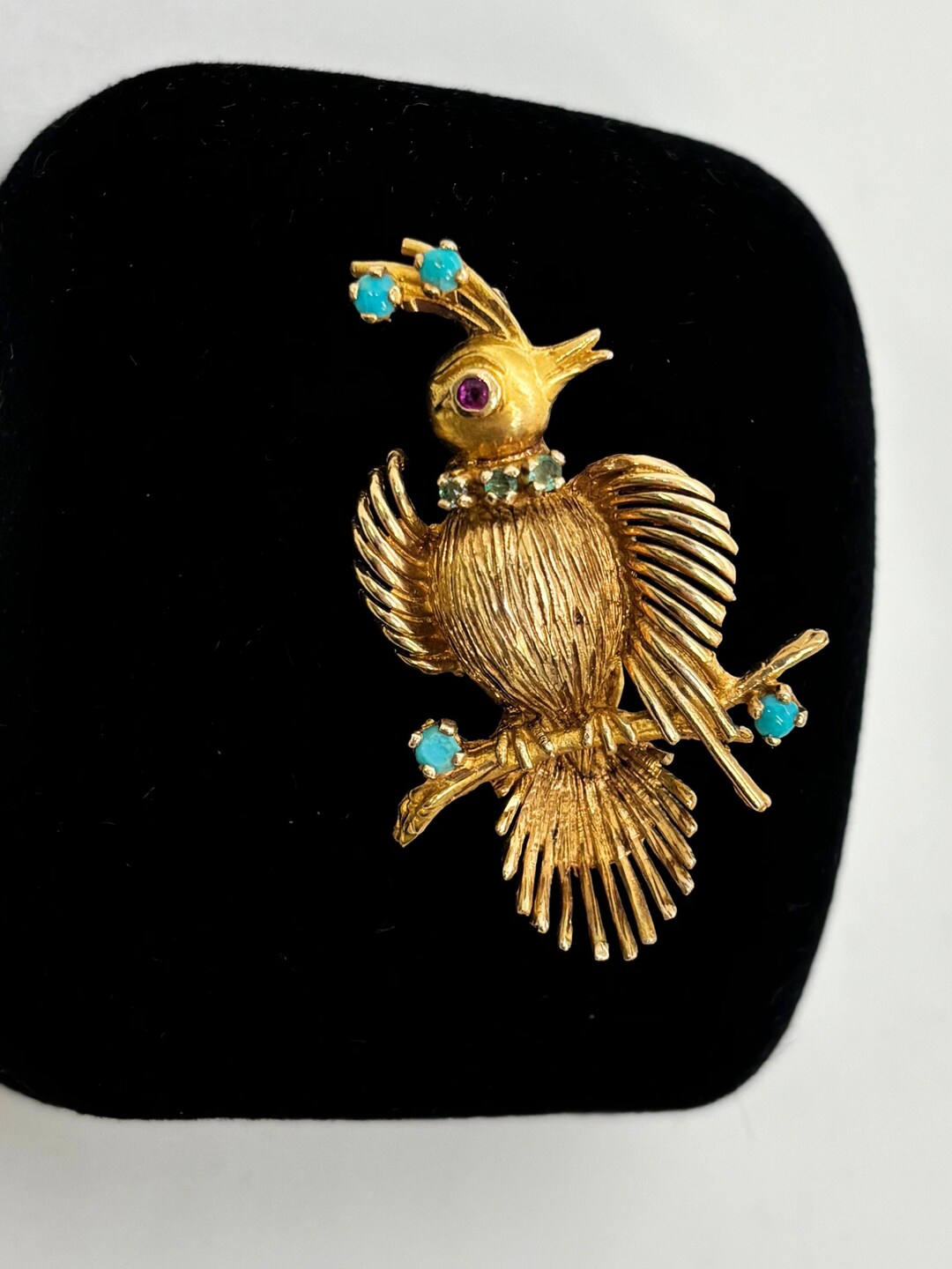 Vintage 14K Gold Cockatoo Brooch – 1960s Bird Pin With Turquoise, Ruby ...