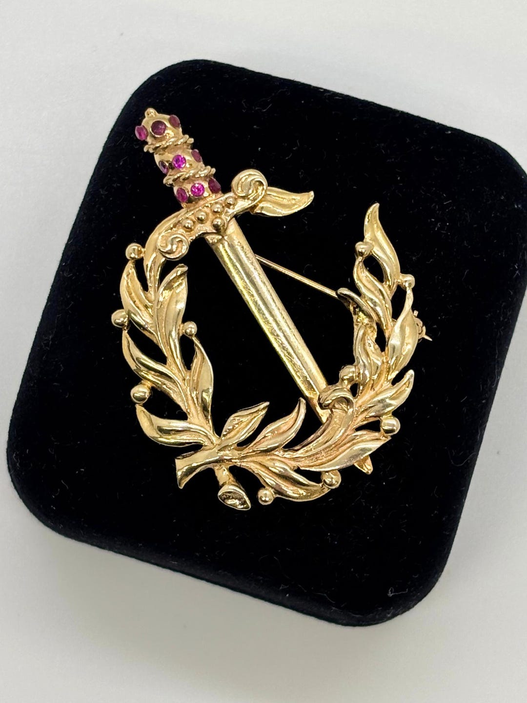 Vintage 14K Gold Sword Brooch – Ruby Pin With Olive Leaf Detail - Etsy