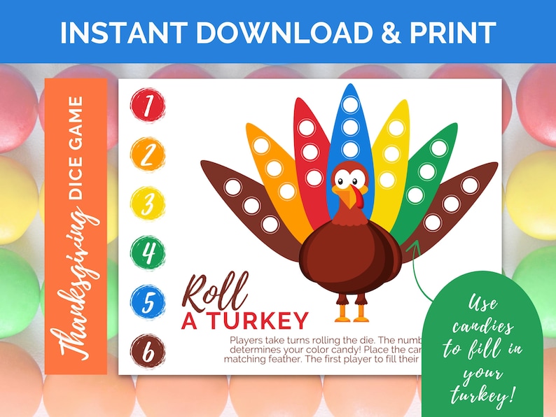 Printable Thanksgiving Game for Kids & Adults Roll A Turkey Dice Game ...