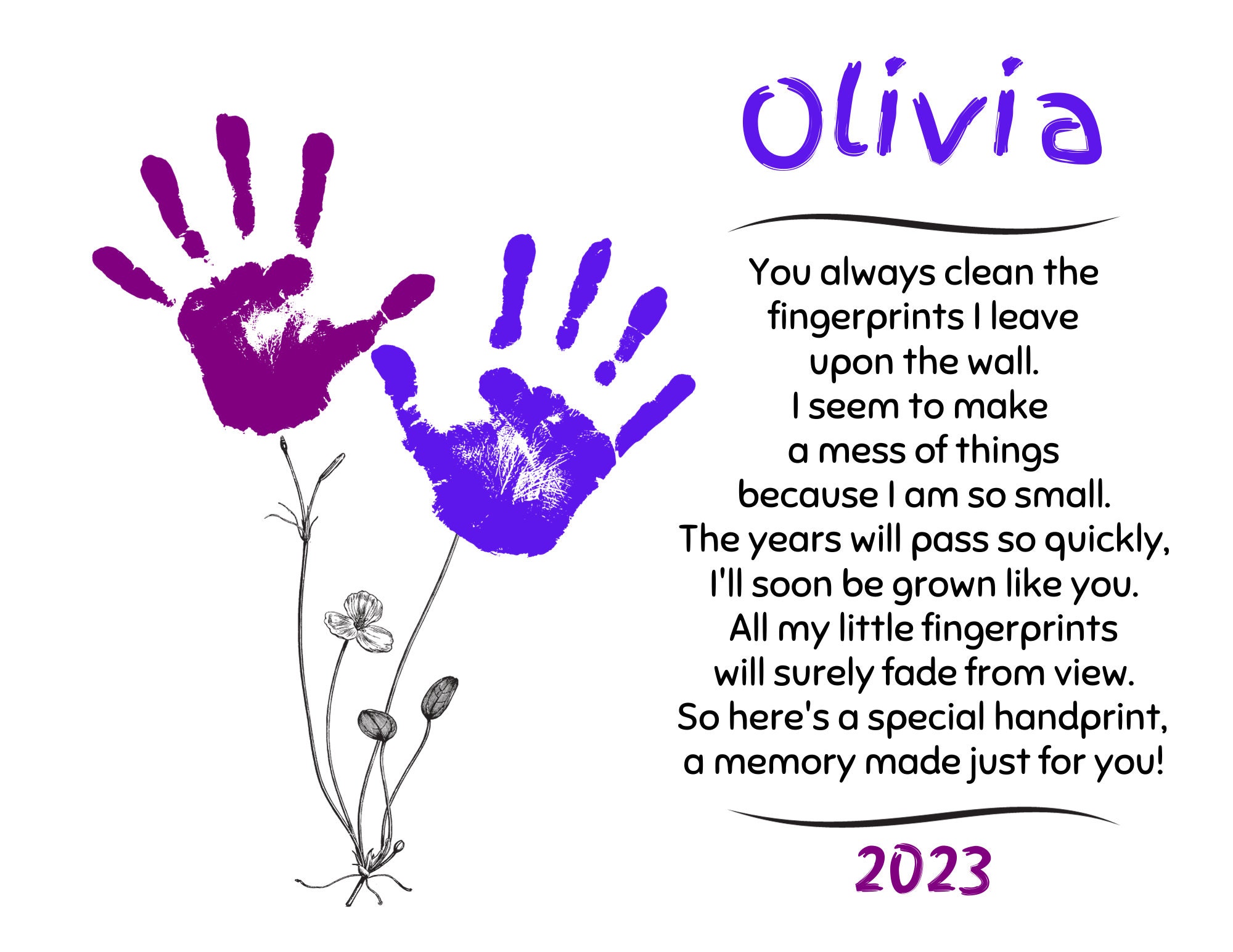 Custom Handprint Line Drawing Flower Art Print | Digital Download ...