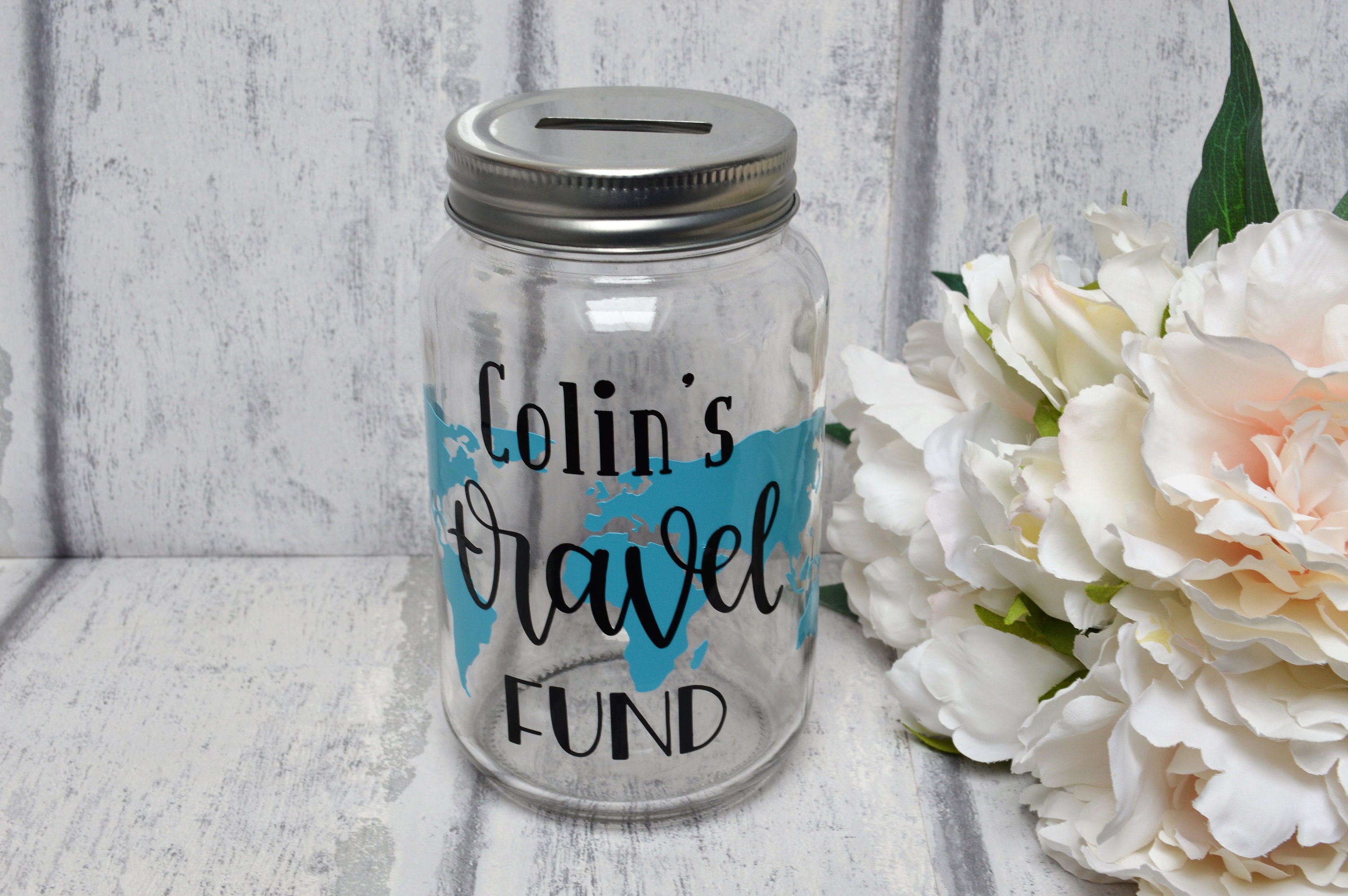 Personalised Travel Fund Money Saving Jar Piggy Bank Money Box - Etsy UK
