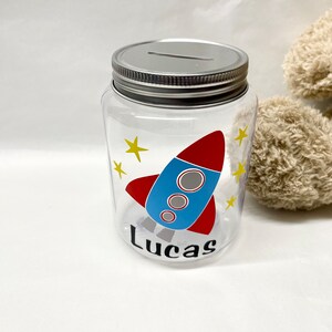 Children's Personalised Rocket Ship Plastic Money Saving Jar Money Box ...
