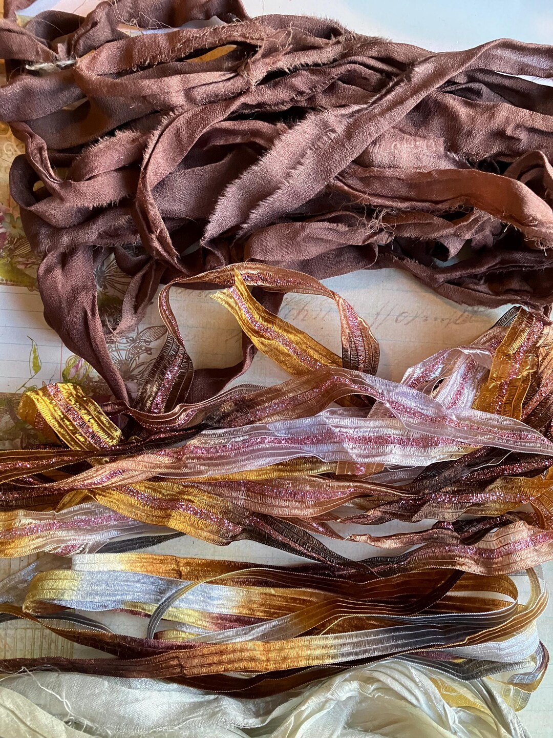 Ribbon Bouquet, Fiber Bundle, Browns , Gold, Gray Sari Ribbon, Italian ...