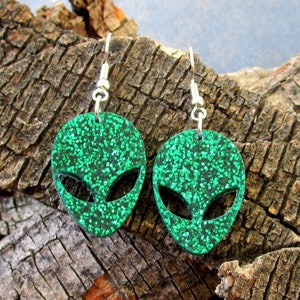Glitter Green Alien Dangle Earrings, Big Eye Space Aliens Statement ...