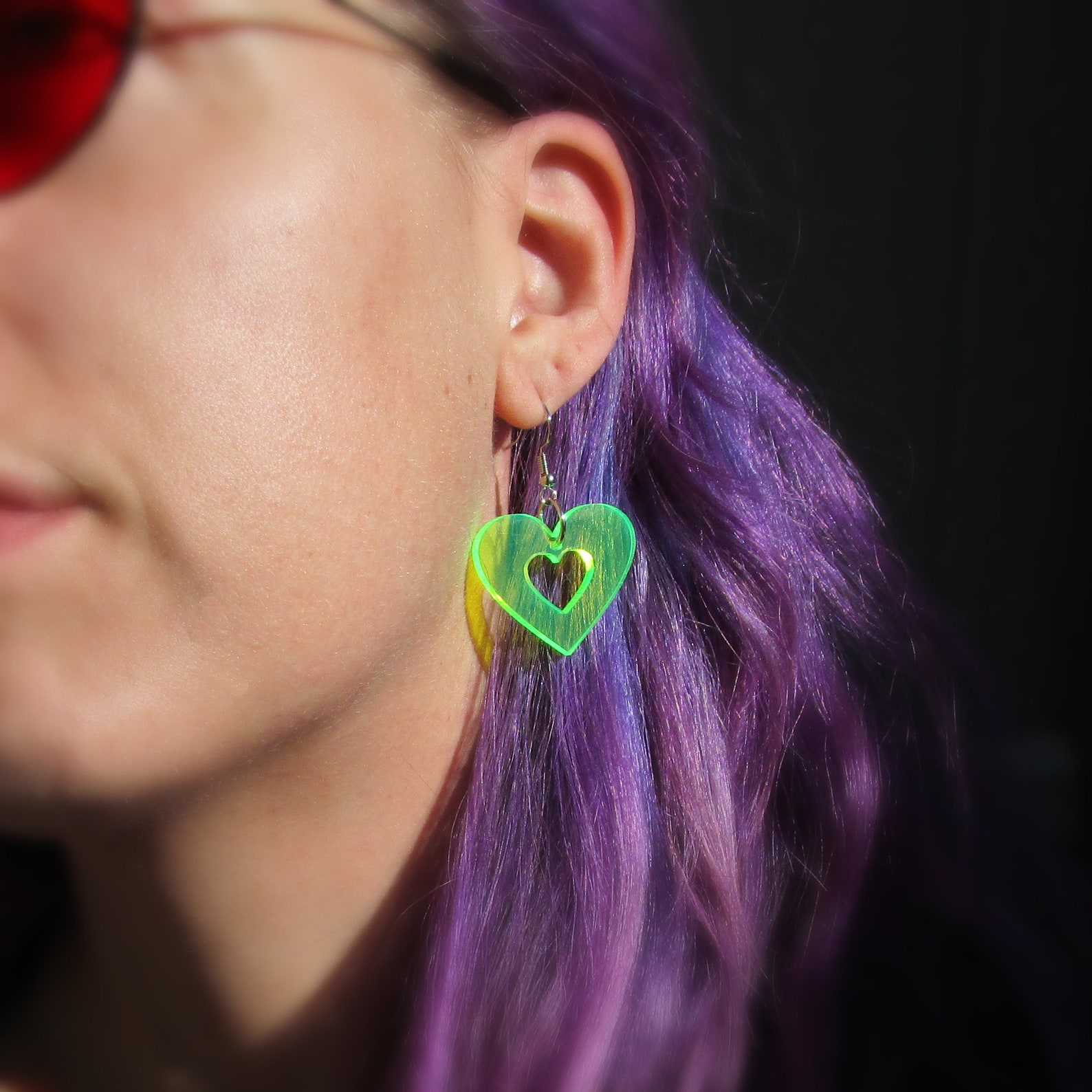 Glows in Black Light - Big 80s Neon Heart Rave Earrings, Heart Cutout ...