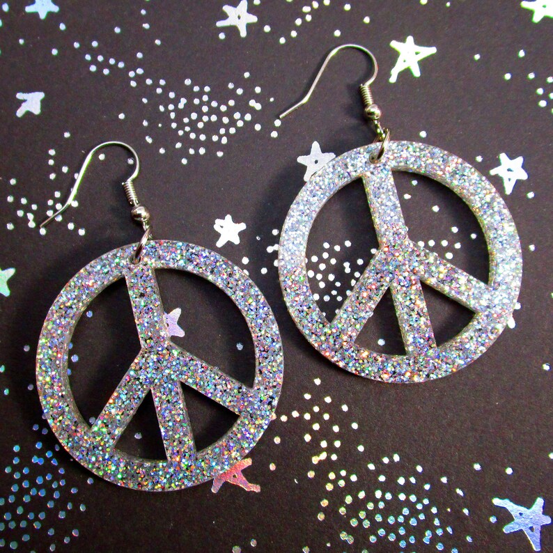 Big Iridescent Glittery Peace Sign Hippie Dangle Earrings - Etsy