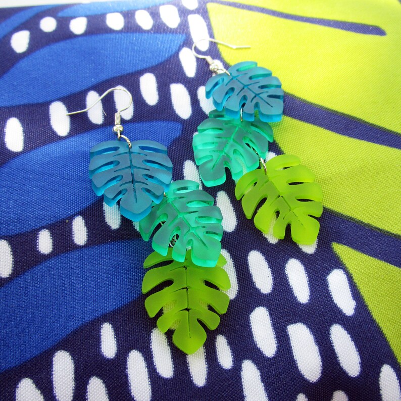 Monstera Leaf Tropical Leaves Cascading Dangle Earrings Teal | Etsy